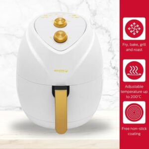 Holstein Housewares 4.8QT Air Fryer - Convenient and User Friendly with Optimal Cooking Functions to Fry, Bake, Grill and Roast, White and Gold Color. Golden Elegance