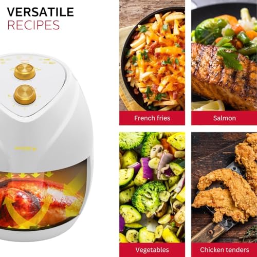 Holstein Housewares 4.8QT Air Fryer - Convenient and User Friendly with Optimal Cooking Functions to Fry, Bake, Grill and Roast, White and Gold Color. Golden Elegance