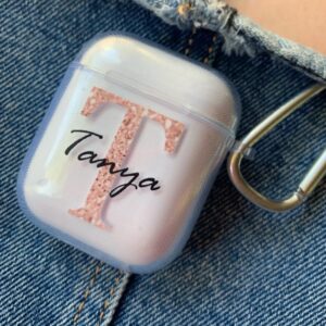 Custom Monogram Name Airpods Case with Keychain - Compatible with AirPods 1/2 / 3 / Pro/Pro 2 - Shockproof Silicone, Glitter, Gift, Cute, Clear Unique Case, Personalized Initials Airpod Case Cover