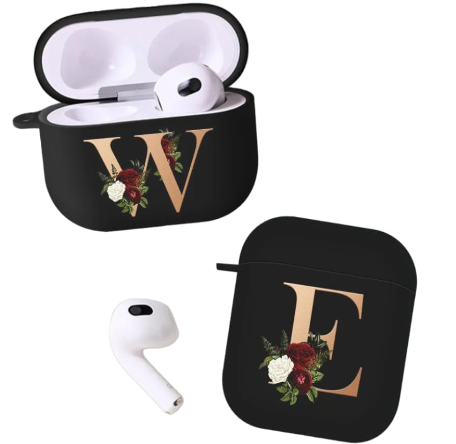 Custom Monogram Airpods Case with Keychain - for AirPods 1/2 / 3 / Pro/Pro 2 - Shockproof Silicone Initials Airpods Case, Gift for her, Women's Unique Personalized Floral Flower Airpod Case Cover