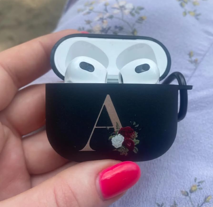 Custom Monogram Airpods Case with Keychain - for AirPods 1/2 / 3 / Pro/Pro 2 - Shockproof Silicone Initials Airpods Case, Gift for her, Women's Unique Personalized Floral Flower Airpod Case Cover