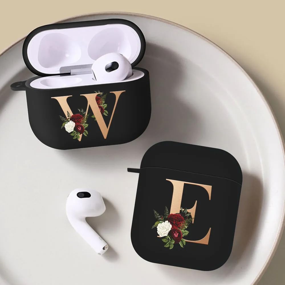 Custom Monogram Airpods Case with Keychain - for AirPods 1/2 / 3 / Pro/Pro 2 - Shockproof Silicone Initials Airpods Case, Gift for her, Women's Unique Personalized Floral Flower Airpod Case Cover