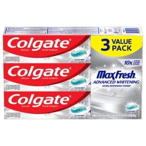 colgate max fresh advanced whitening toothpaste, clean mint toothpaste for bad breath, 6.3 oz tube, 3 pack