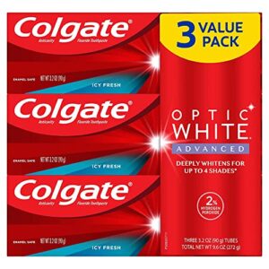 colgate optic white advanced hydrogen peroxide toothpaste pack, teeth whitening toothpaste, enamel-safe hydrogen peroxide formula, helps remove tea, coffee, and wine stains, icy fresh, 3 pack, 3.2 oz