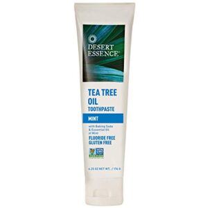 desert essence tea tree oil toothpaste - mint - 6.25 oz - refreshing taste - deep cleans teeth & gums - helps fight plaque - sea salt - pure essential oil - baking soda - promotes healthy mouth