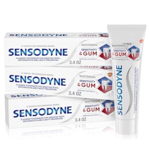 sensodyne sensitivity & gum whitening toothpaste, toothpaste for sensitive teeth & gum problems, 3.4 ounces (pack of 3)