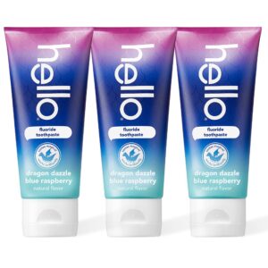 hello dragon dazzle blue raspberry kids toothpaste, fluoride toothpaste, ages 2+, no artificial sweeteners, no sls, gluten free, vegan, pack of 3, 4.2 oz tubes