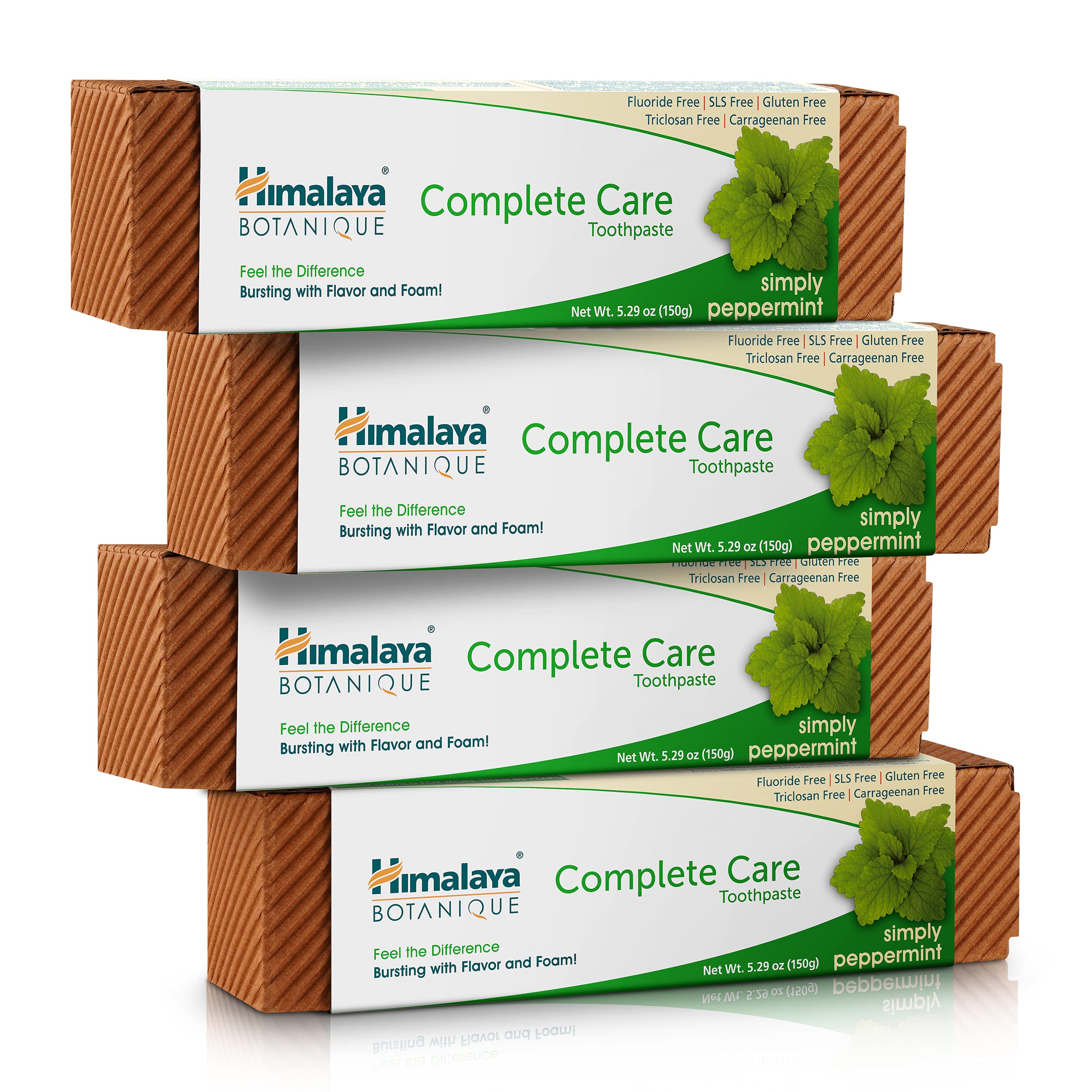 Himalaya Botanique Complete Care Toothpaste, Herbal, Peppermint Flavor, Fights Plaque, Freshens Breath, Fluoride Free, No Artificial Flavors, SLS Free, Cruelty Free, Foaming, 5.29 Oz, 4 Pack