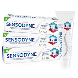 sensodyne toothpaste sensitivity gum and enamel, triple protection, refreshing fluoride toothpaste, mint flavor - 3.4 ounces x 3