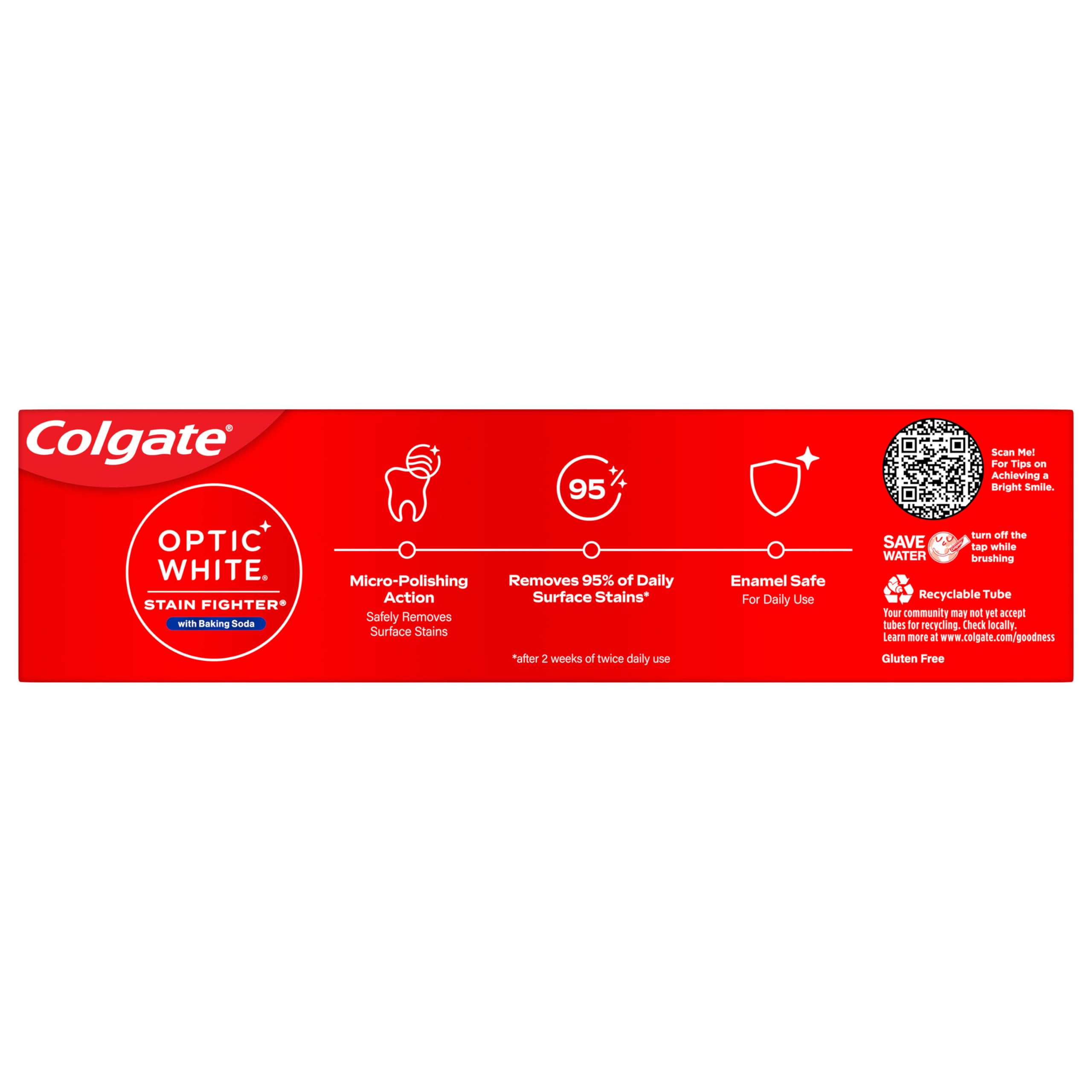 Colgate Optic White Stain Fighter with Baking Soda Whitening Toothpaste, Clean Mint Flavor, Removes Surface Stains, Enamel-Safe for Daily Use, Teeth Whitening Toothpaste with Fluoride, 6 Oz Tube