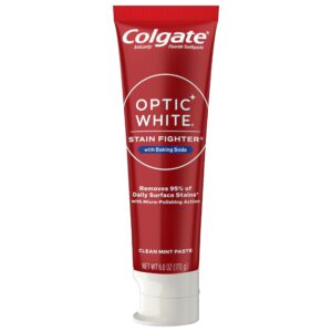 Colgate Optic White Stain Fighter with Baking Soda Whitening Toothpaste, Clean Mint Flavor, Removes Surface Stains, Enamel-Safe for Daily Use, Teeth Whitening Toothpaste with Fluoride, 6 Oz Tube