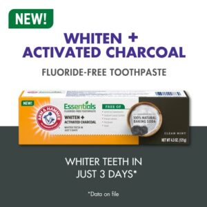 ARM & HAMMER Essentials Fluoride-Free Toothpaste Whiten + Activated Charcoal-4 Pack of 4.3oz Tubes, Clean Mint- 100% Natural Baking Soda