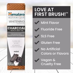 Himalaya Botanique Whitening Antiplaque Toothpaste with Charcoal + Black Seed Oil, Fluoride Free, for Whiter Teeth, 4 oz, 2 Pack