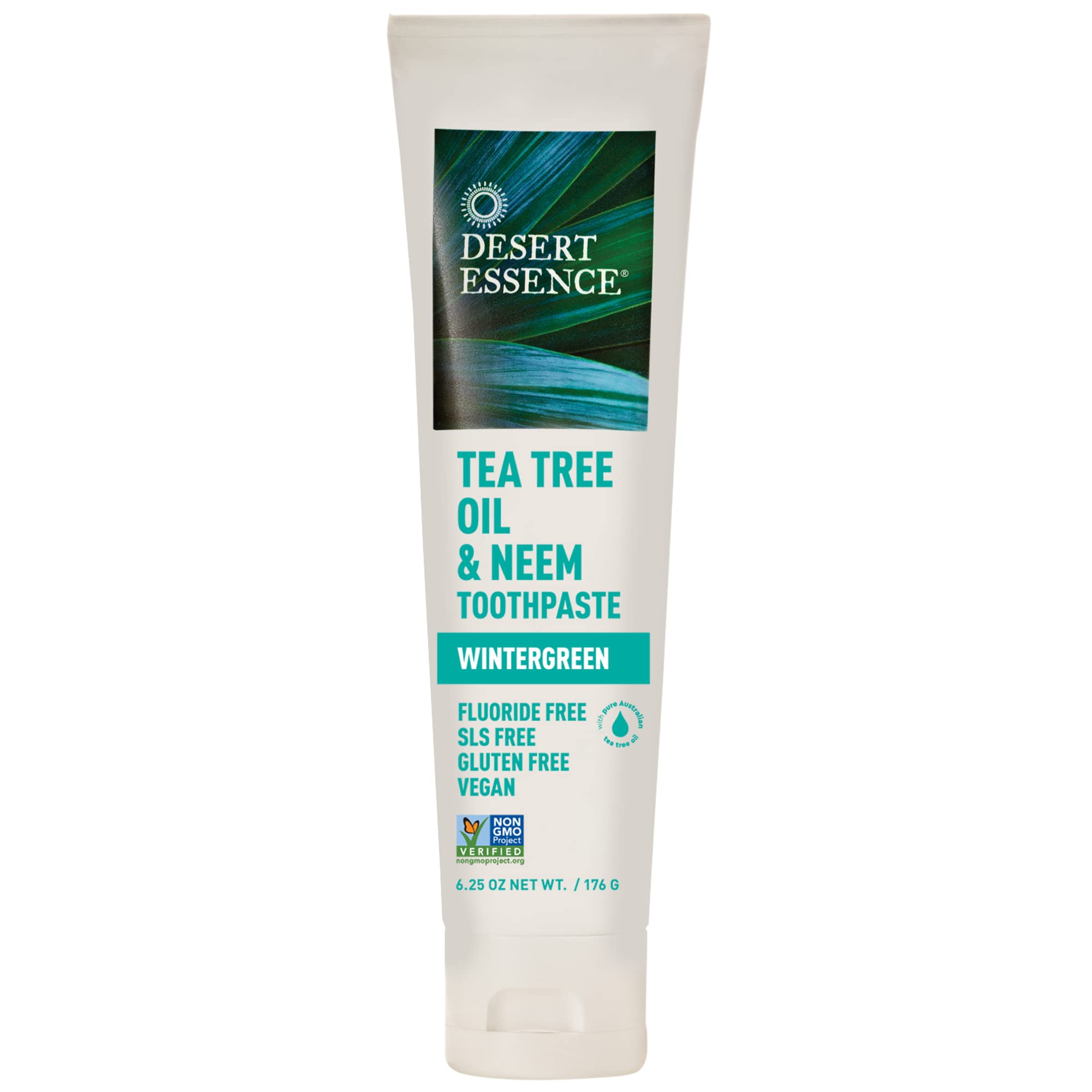 Desert Essence, Tea Tree Oil & Neem Toothpaste, Fluoride-Free with Baking Soda, Wintergreen, 6.25 Oz