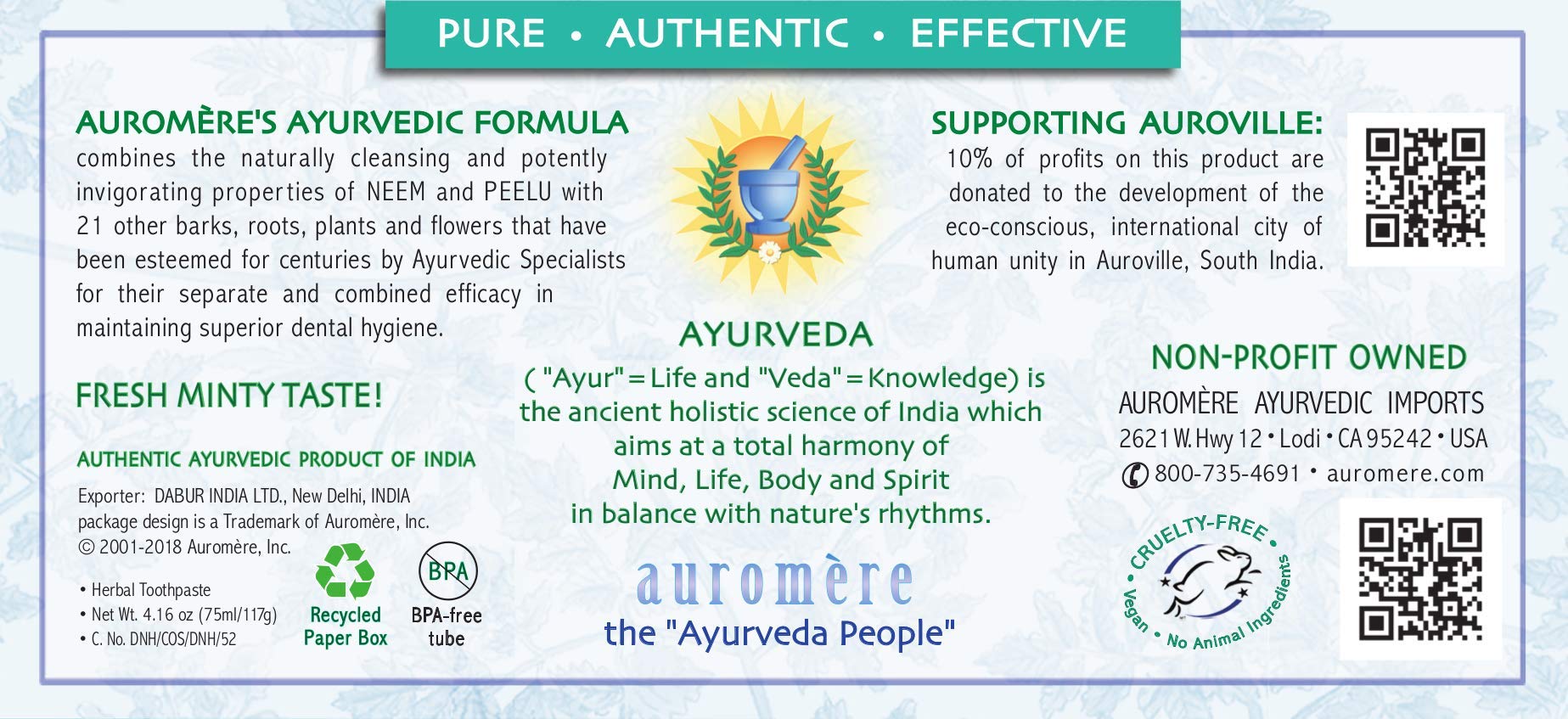 Auromere Ayurvedic Herbal Toothpaste, Fresh Mint - Vegan, Natural, Non GMO, Fluoride Free, Gluten Free, with Neem & Peelu (4.16 oz), 2 Pack