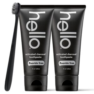 hello activated charcoal epic teeth whitening fluoride free toothpaste and toothbrush, fresh mint and coconut oil, vegan, sls free, gluten free and peroxide free, 4 ounce (pack of 2)