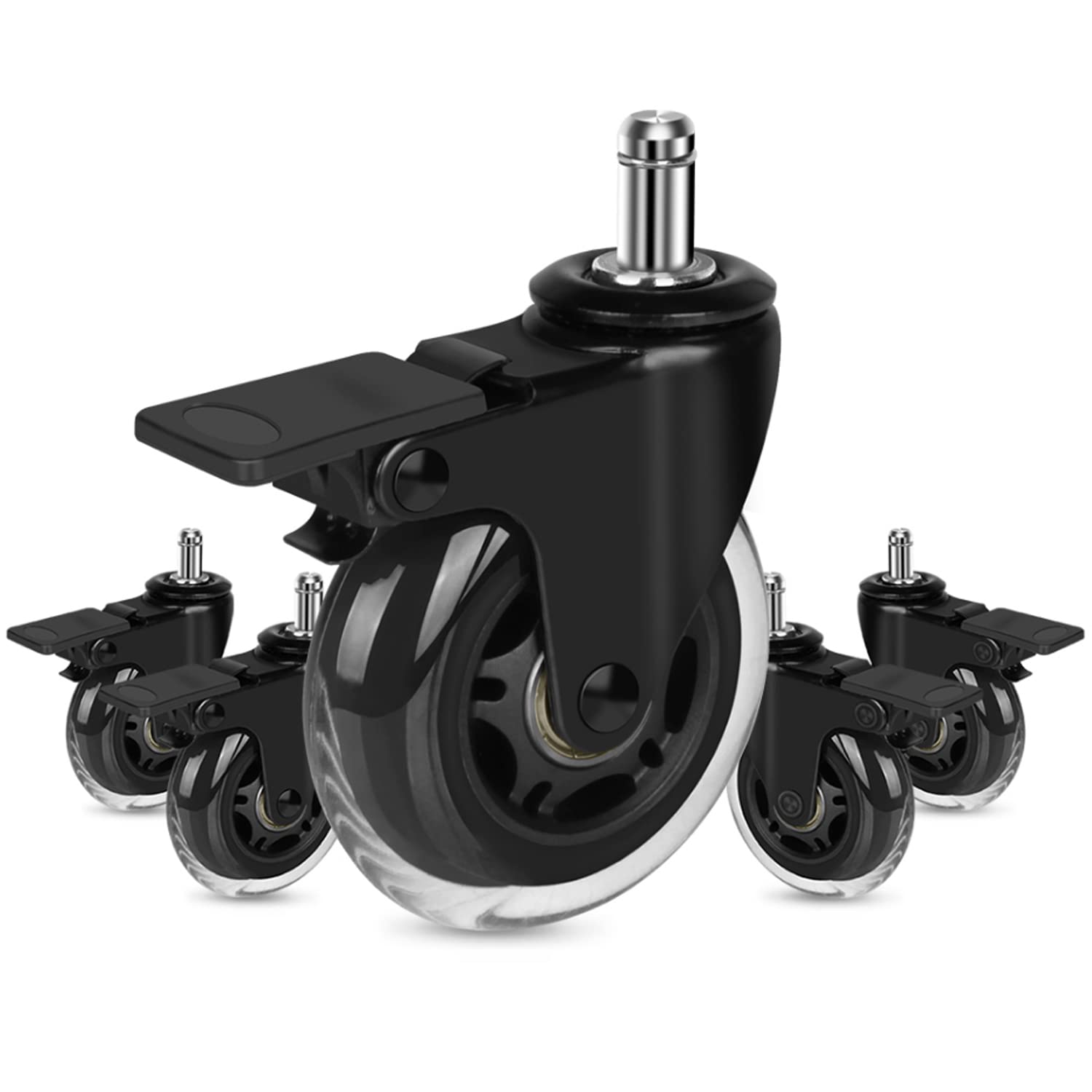 Hirate Office Chair Casters with Brake, 3" Heavy Duty Swivel Lockable Caster Rolling Safe for Hardwood, Tile & Carpet Fit Most Chairs 7/16" x 7/8", Set of 5