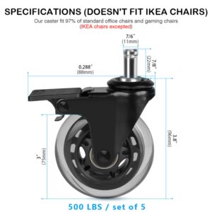 Hirate Office Chair Casters with Brake, 3" Heavy Duty Swivel Lockable Caster Rolling Safe for Hardwood, Tile & Carpet Fit Most Chairs 7/16" x 7/8", Set of 5