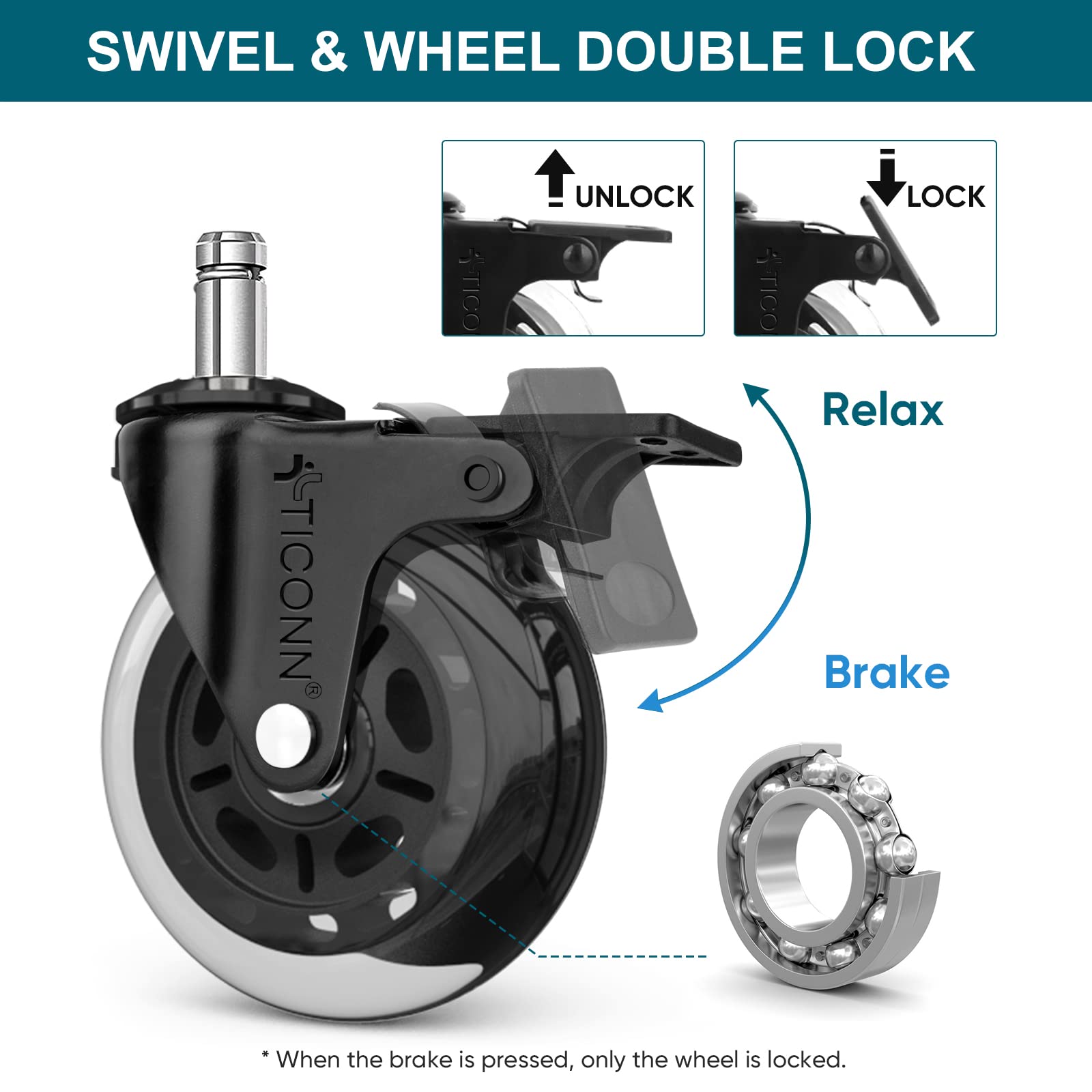 TICONN Office Chair Caster Wheels Set of 5 with Brake, Smooth Locking Wheels Replacement for Tile and Hardwood Floors, Universal Fit for Most Chairs (Transparent)