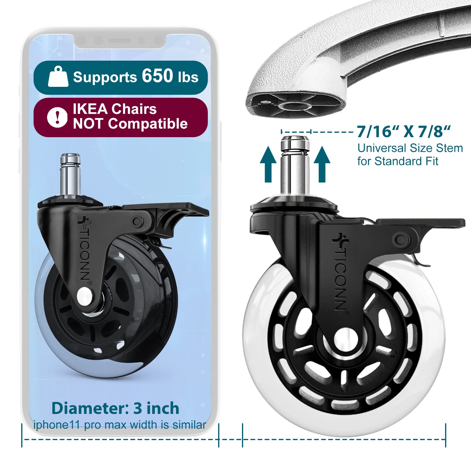 TICONN Office Chair Caster Wheels Set of 5 with Brake, Smooth Locking Wheels Replacement for Tile and Hardwood Floors, Universal Fit for Most Chairs (Transparent)