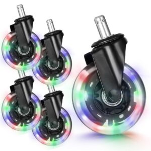 office chair caster with rgb color changing lights set of 5 rubber replacement, heavy duty universal quiet rolling casters fit standard office chair for hardwood floors, tiles and carpet