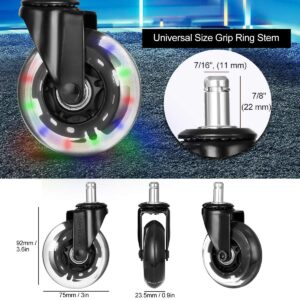 Office Chair Caster with RGB Color Changing Lights Set of 5 Rubber Replacement, Heavy Duty Universal Quiet Rolling Casters Fit Standard Office Chair for Hardwood Floors, Tiles and Carpet