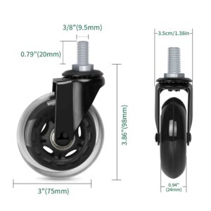 Toplimit 3 Inch Office Chair Wheels with Threaded Stem 3/8"-18UNC (Set of 5), Screw in Heavy Duty Rubber Caster Wheels, Safe for Wood Floor, Tile and Carpets