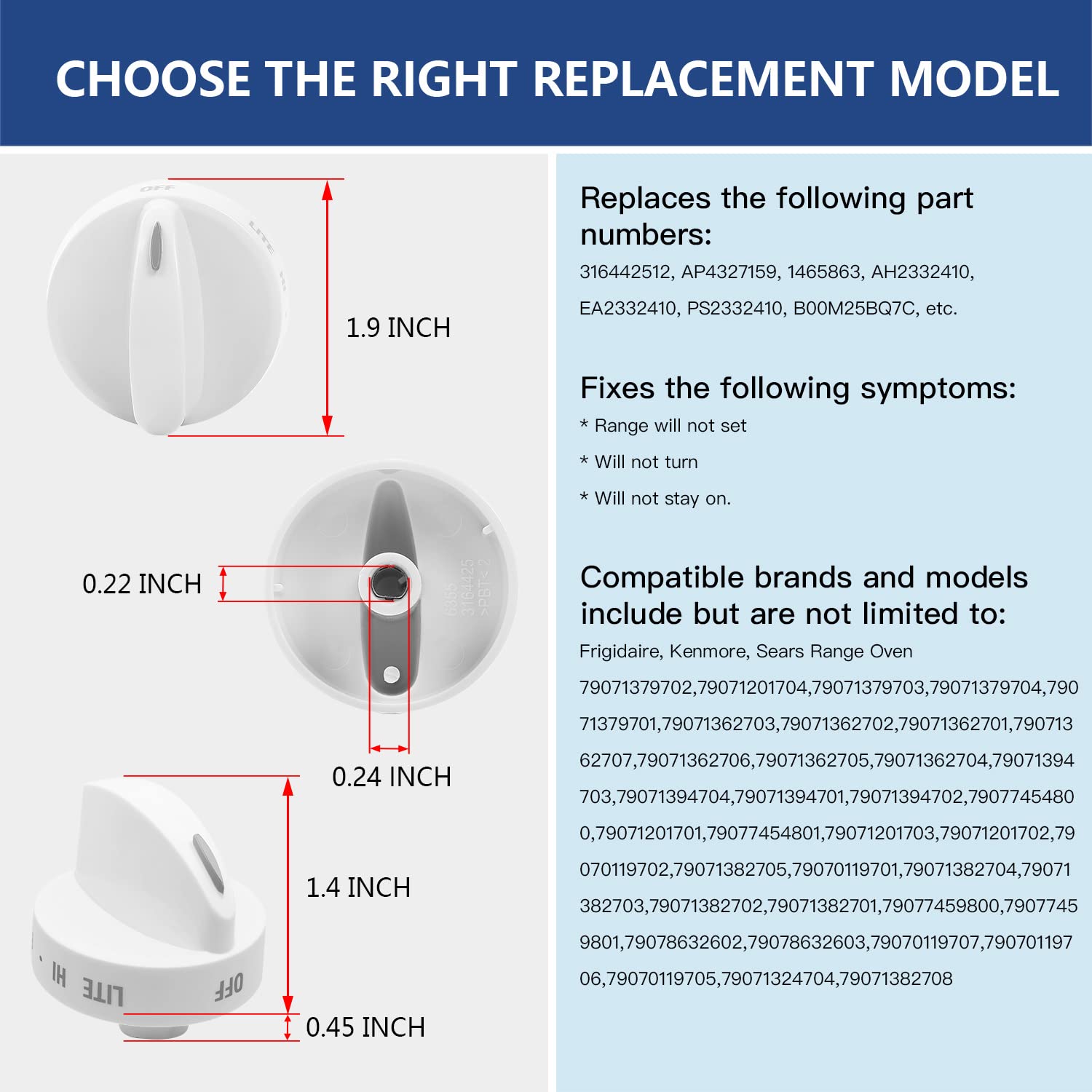 2 Pack Range Surface Burner Knob Replacement Part 316442512 Compatible with Frigidaire & Kenmore & Sears Range Oven - Replaces PS2332410, AP4327159, FRG316442512, White