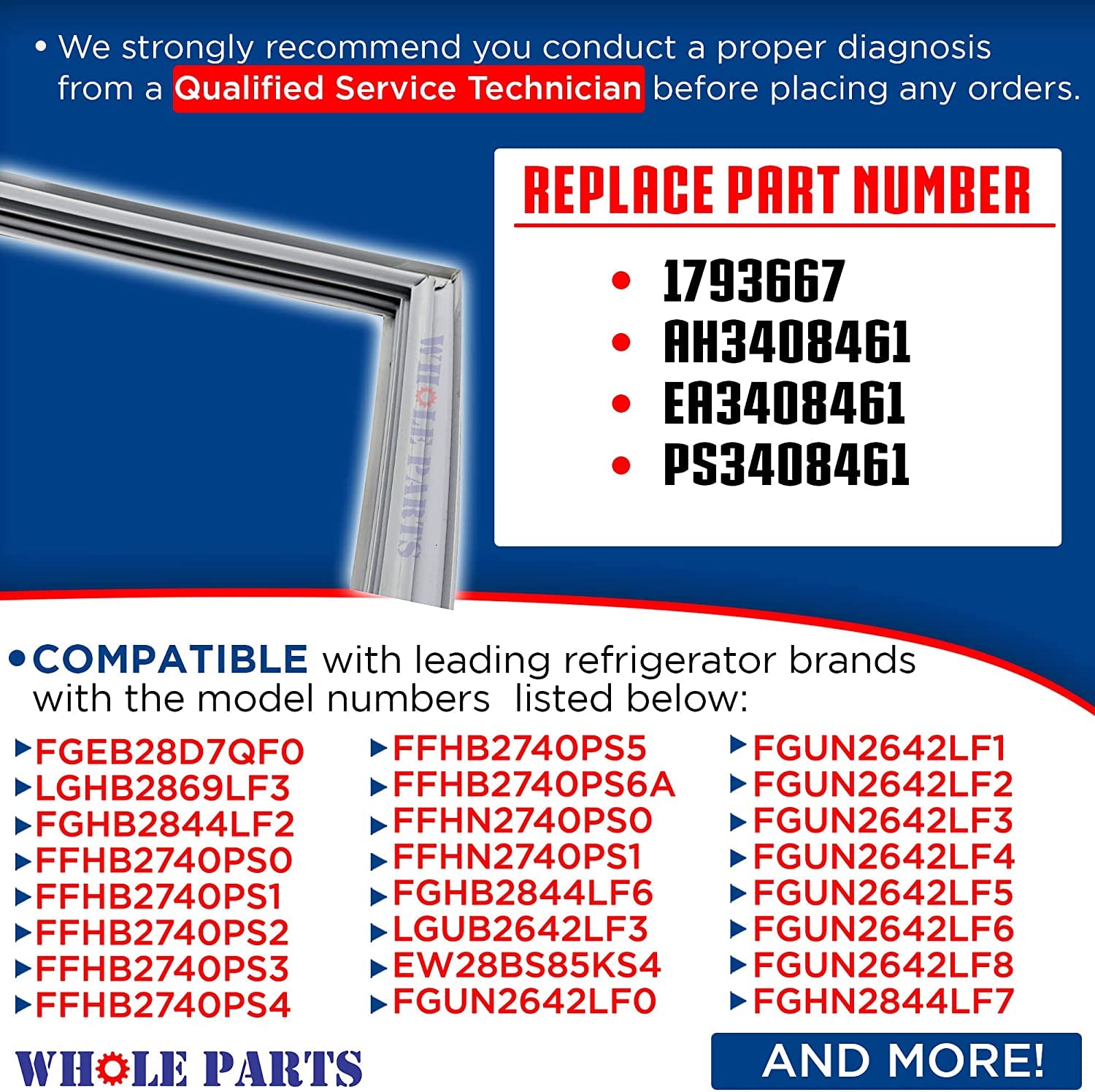 Whole Parts Refrigerator Fresh Food Door Gasket Part# 241778307 - Replacement & Compatible with Some Crosley, Kenmore, White Westinghouse, IKEA, Electrolux and Frigidaire Refrigerators