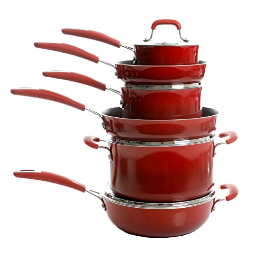 Kenmore Elite Andover Nonstick Platinum Forged Aluminum Cookware Set, 10-Piece, Red Gradient