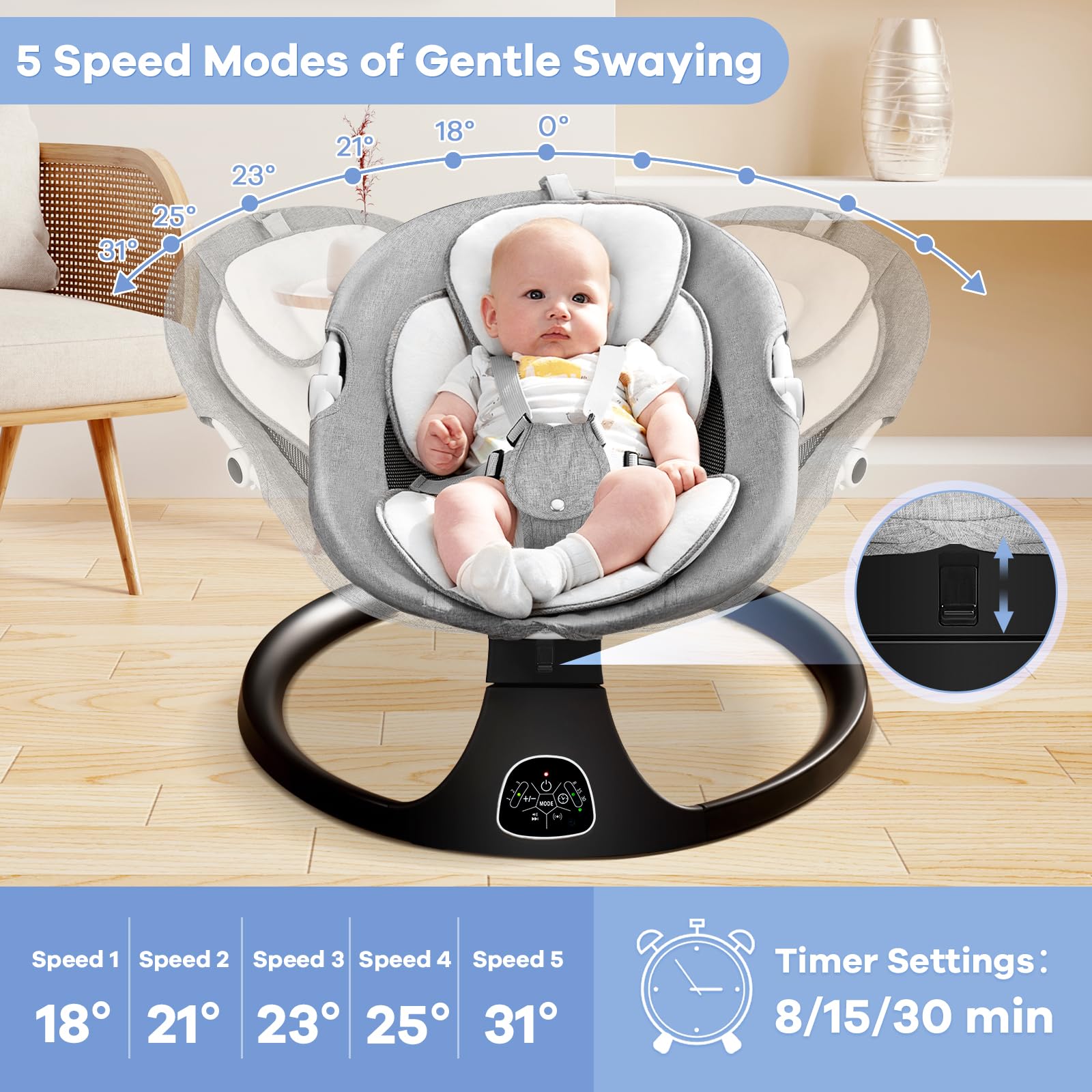 kmaier Electric Baby Swing for Infants, Baby Rocker for Infants with 5 Speeds, 10 Lullabies, Adapter & Battery Operated, Indoor & Outdoor Use, Remote Control, Gray