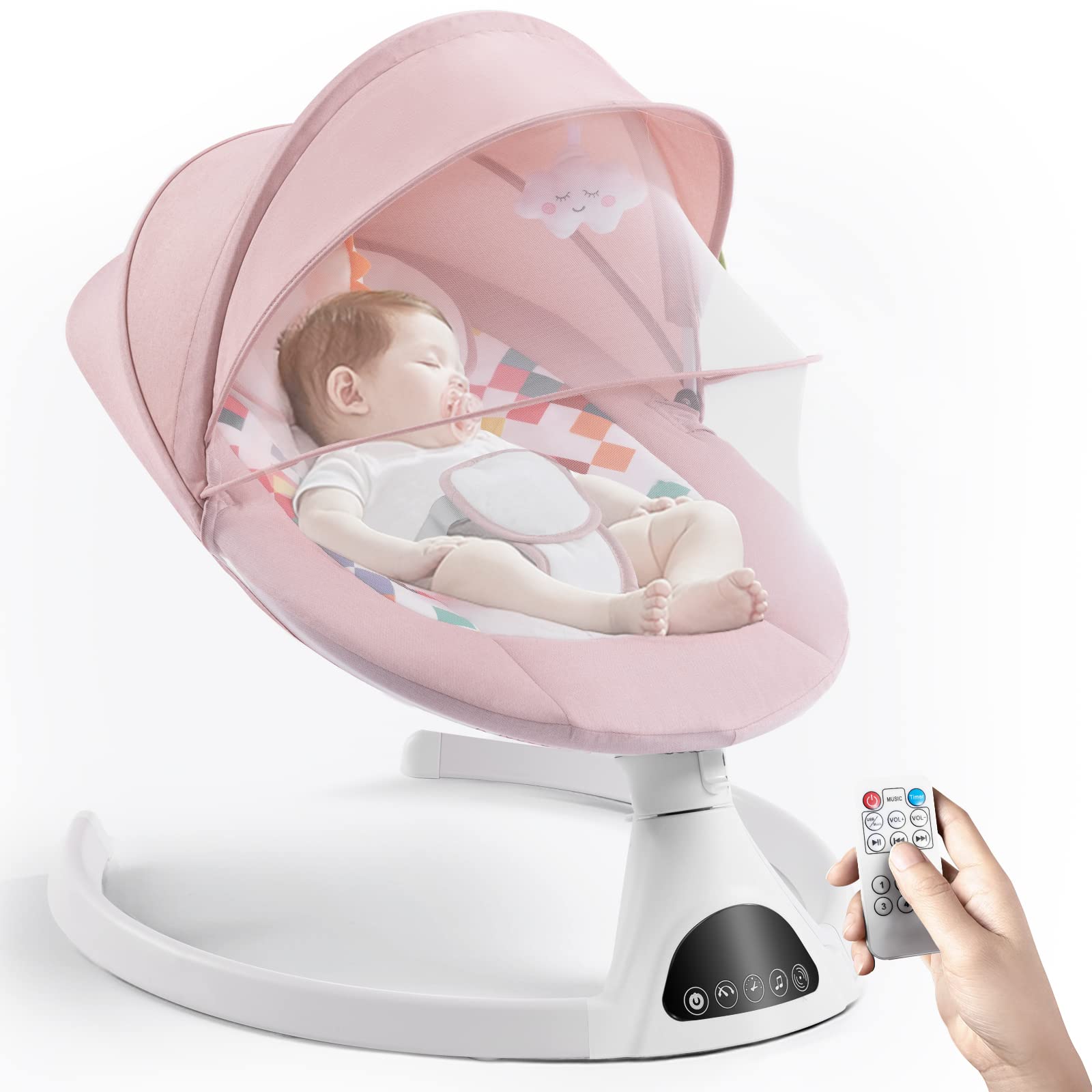 Jaoul Electric Baby Swing with Bluetooth, Remote Control, Music, 5 Swing Speeds, Harness - For Infants