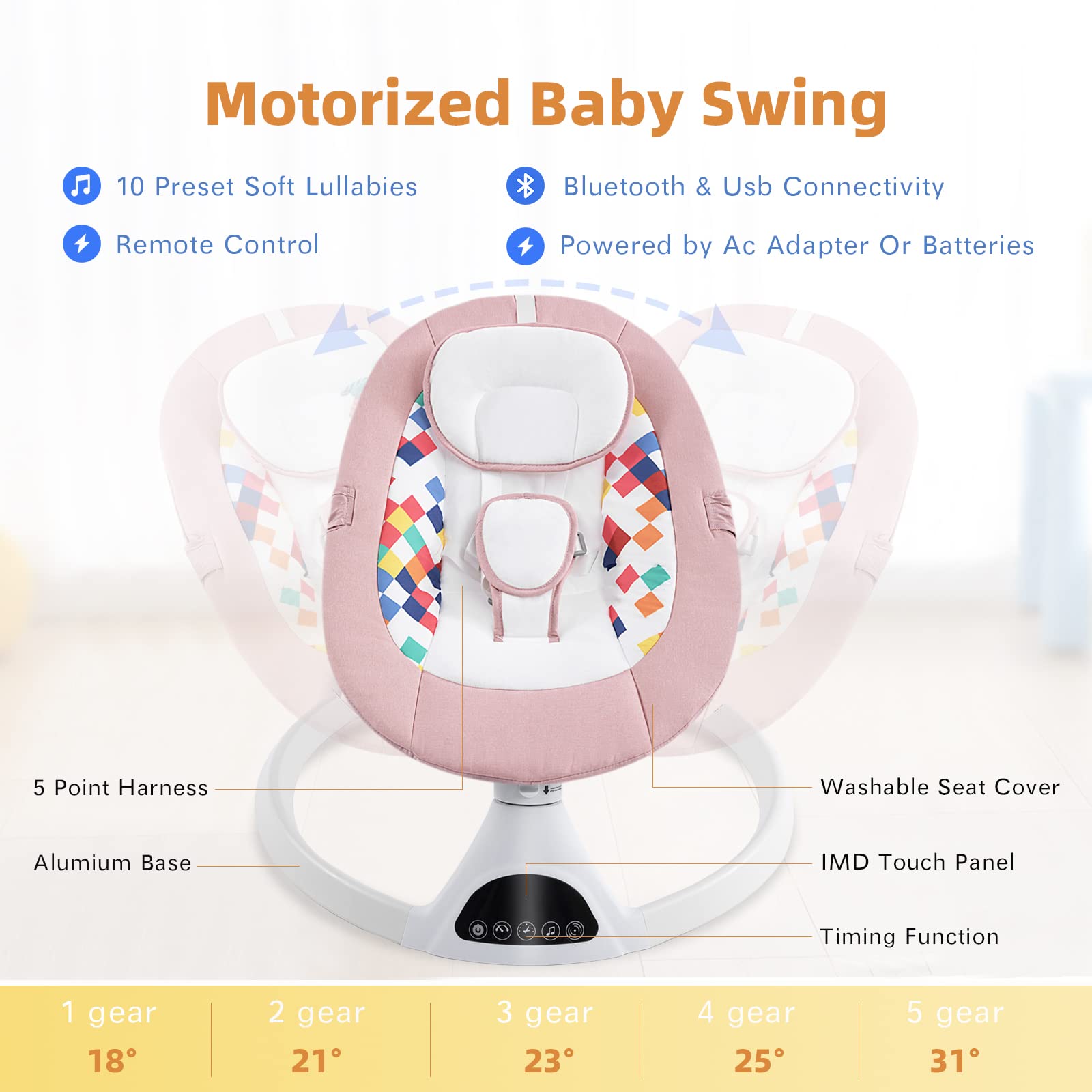 Jaoul Electric Baby Swing with Bluetooth, Remote Control, Music, 5 Swing Speeds, Harness - For Infants