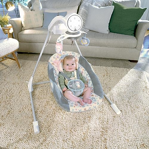 Ingenuity InLighten 5-Speed Baby Swing - Swivel Infant Seat, 5 Point Safety Harness, Nature Sounds, Lights - Nally Owl