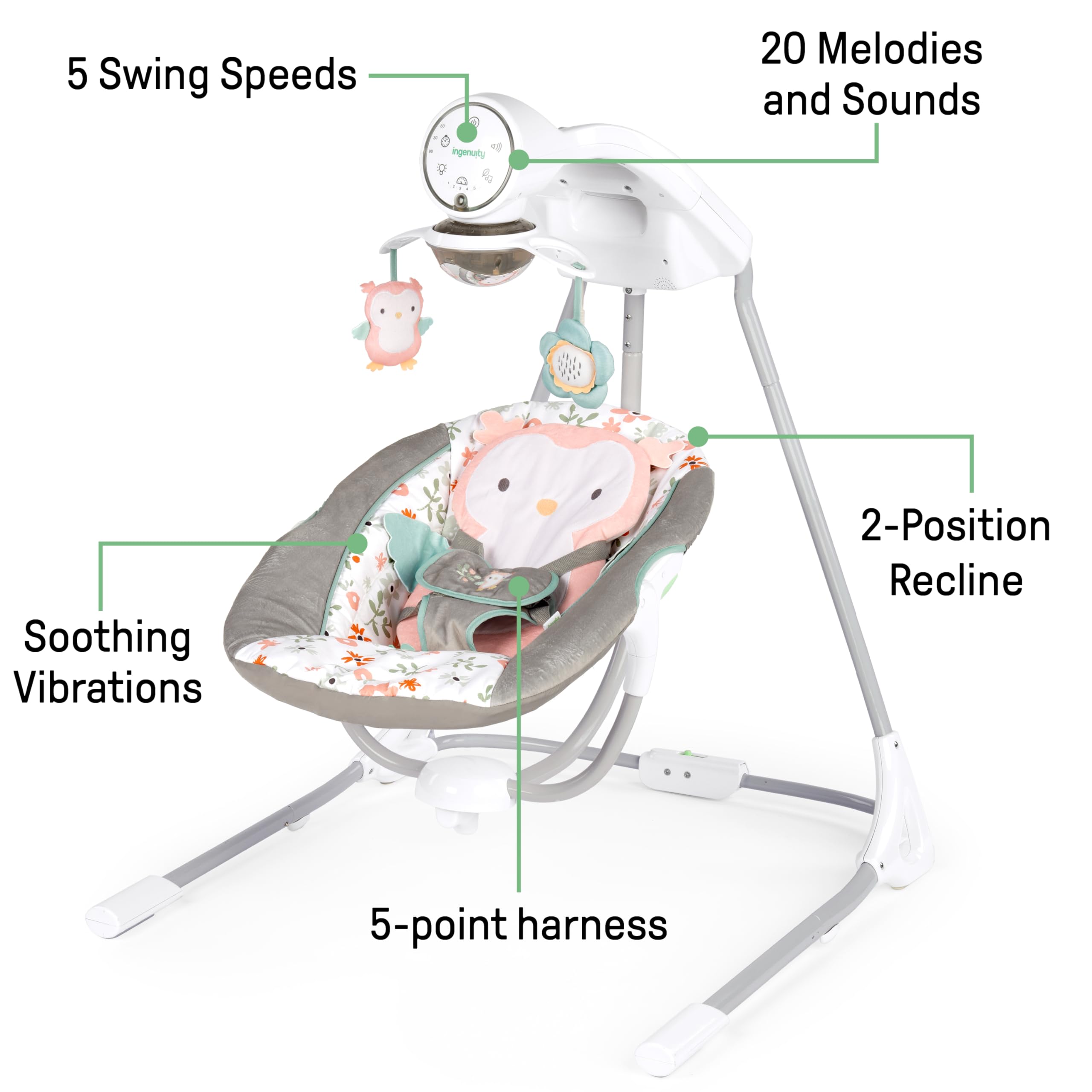 Ingenuity InLighten 5-Speed Baby Swing - Swivel Infant Seat, 5 Point Safety Harness, Nature Sounds, Lights - Nally Owl