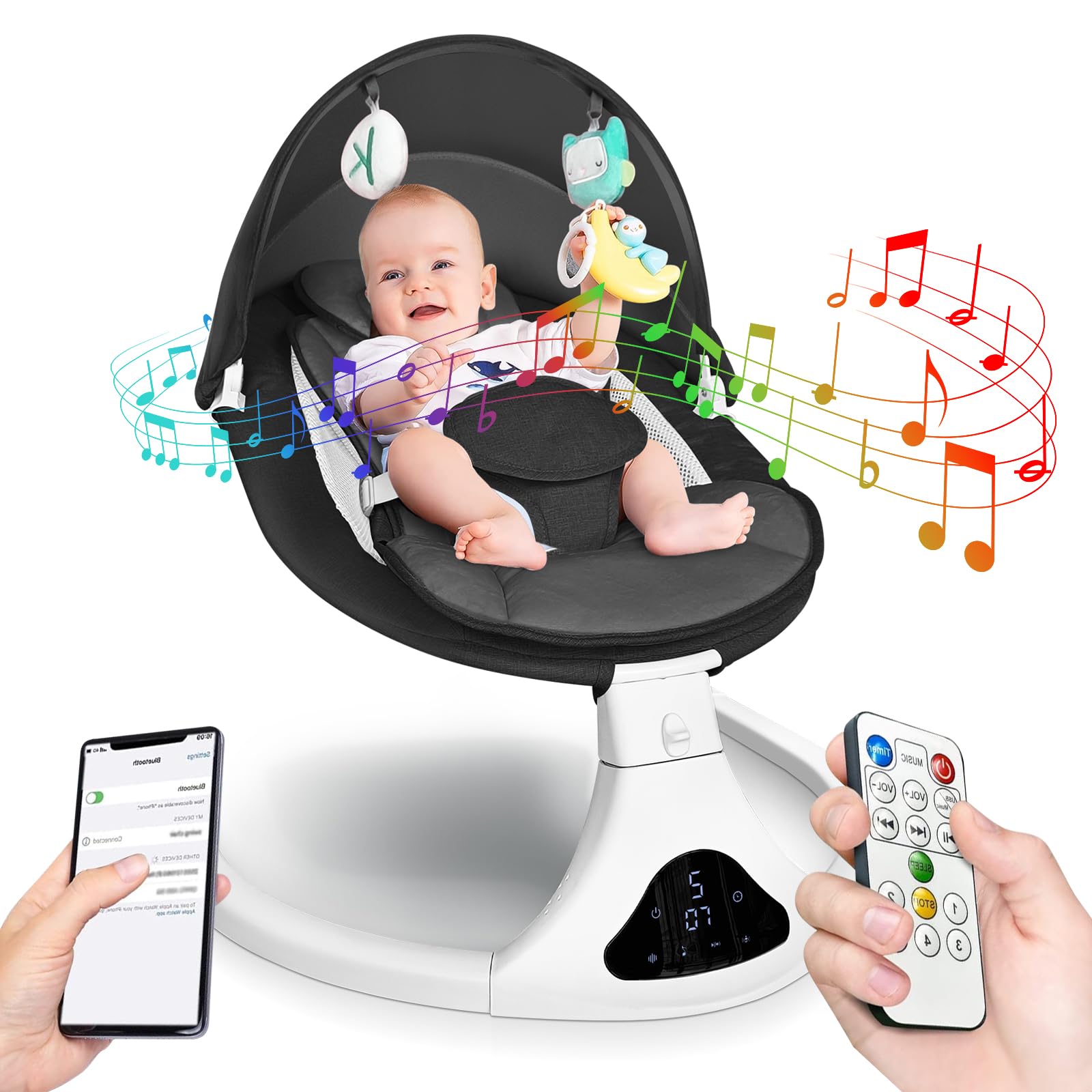 Baby Swing for Infants | Electric Bouncer for Babies,Portable Swing for Baby Boy Girl,Baby Rocking Seat with Remote Control Indoor Baby Rocker with 5 Sway Speeds,12 Music and Bluetooth,Black