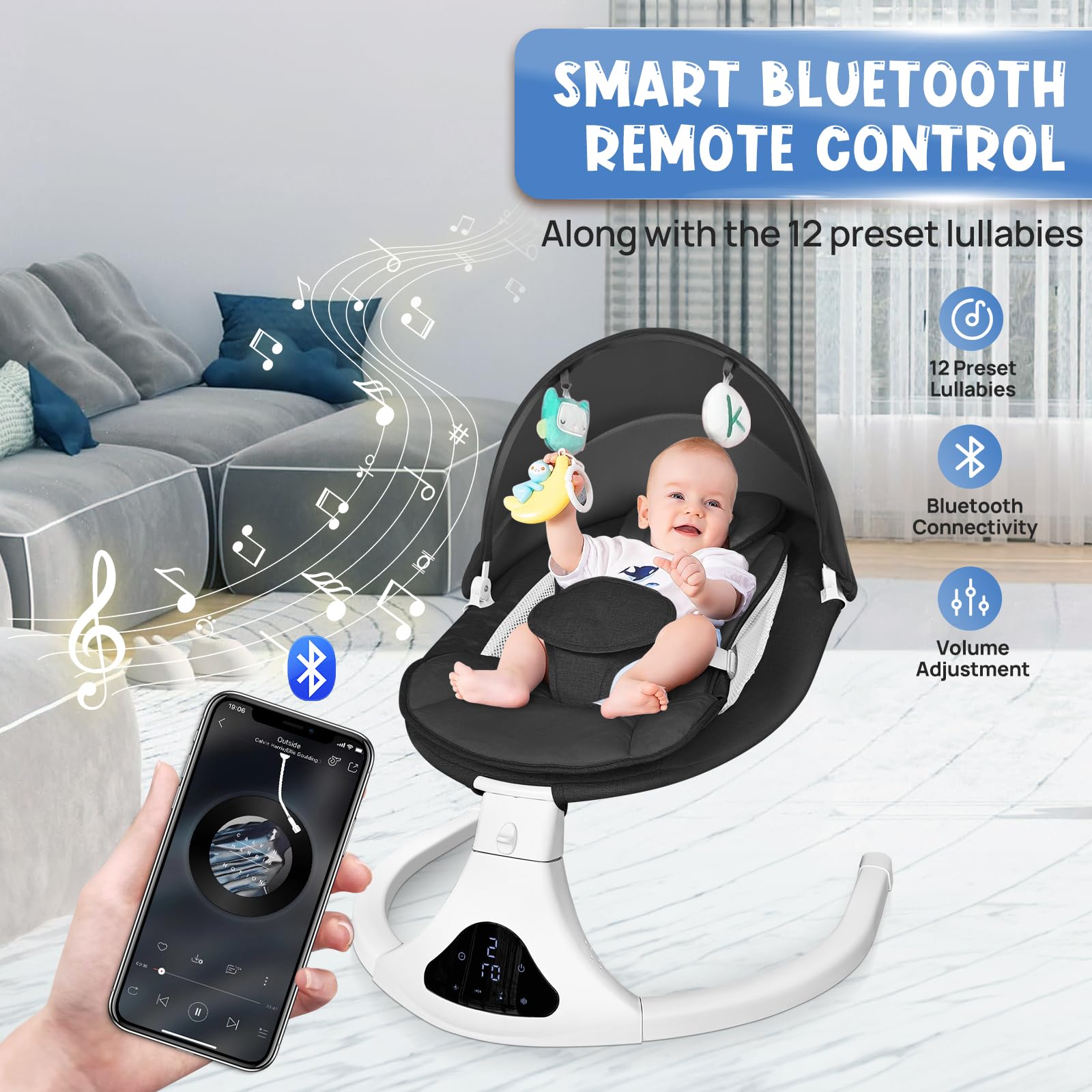 Baby Swing for Infants | Electric Bouncer for Babies,Portable Swing for Baby Boy Girl,Baby Rocking Seat with Remote Control Indoor Baby Rocker with 5 Sway Speeds,12 Music and Bluetooth,Black