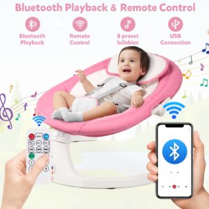 Electric Baby Swing for Infants to Toddler, Portable Baby Rocker Swinger for Newborn Boy and Girls Outdoor Indoor, 5 Swing Speeds Bluetooth Remote Control Music Speaker Lullaby Pink