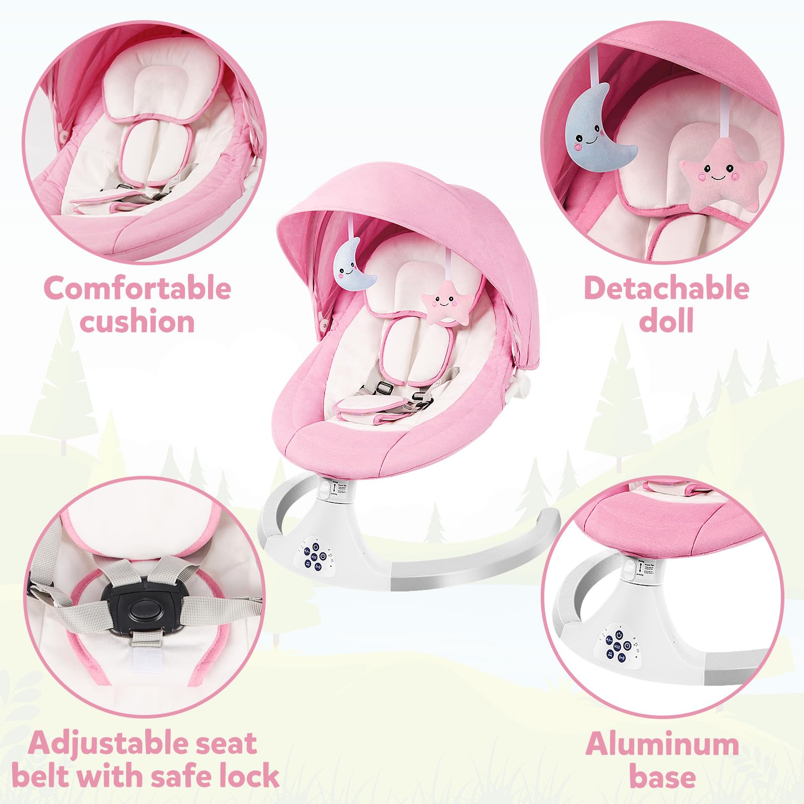 Electric Baby Swing for Infants to Toddler, Portable Baby Rocker Swinger for Newborn Boy and Girls Outdoor Indoor, 5 Swing Speeds Bluetooth Remote Control Music Speaker Lullaby Pink