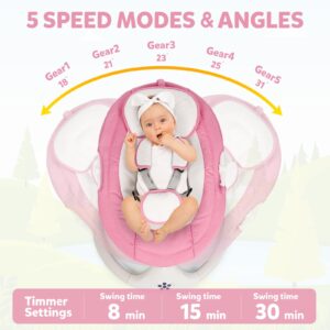 Electric Baby Swing for Infants to Toddler, Portable Baby Rocker Swinger for Newborn Boy and Girls Outdoor Indoor, 5 Swing Speeds Bluetooth Remote Control Music Speaker Lullaby Pink