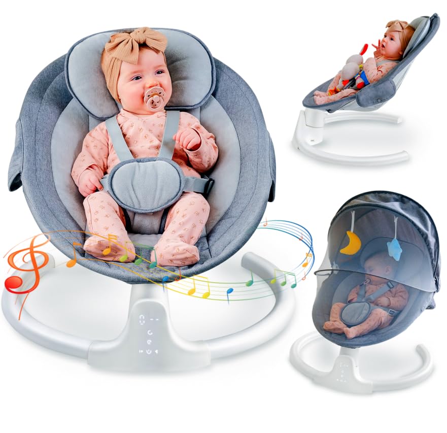 Baby Swings for Infants to Toddler,Nookbeya Electric Baby Swing for Newborn with 5 Swing Speeds Bluetooth Remote Control Music 12 Preset Lullaby, 3 Timer Settings, 5 Point Harness Portable Baby Rocker