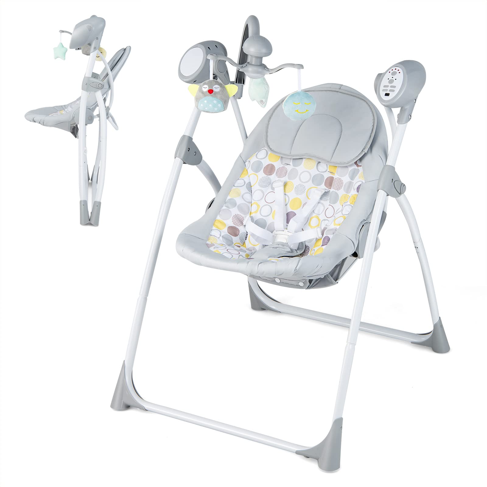 BABY JOY Baby Swing, Portable Baby Rocker with 5 Swing Speeds, 3-Position Adjustable Backrest, 3 Timer Settings, 12 Melodies & 5 Natural Sounds, Electric Compact Baby Swings for Infants