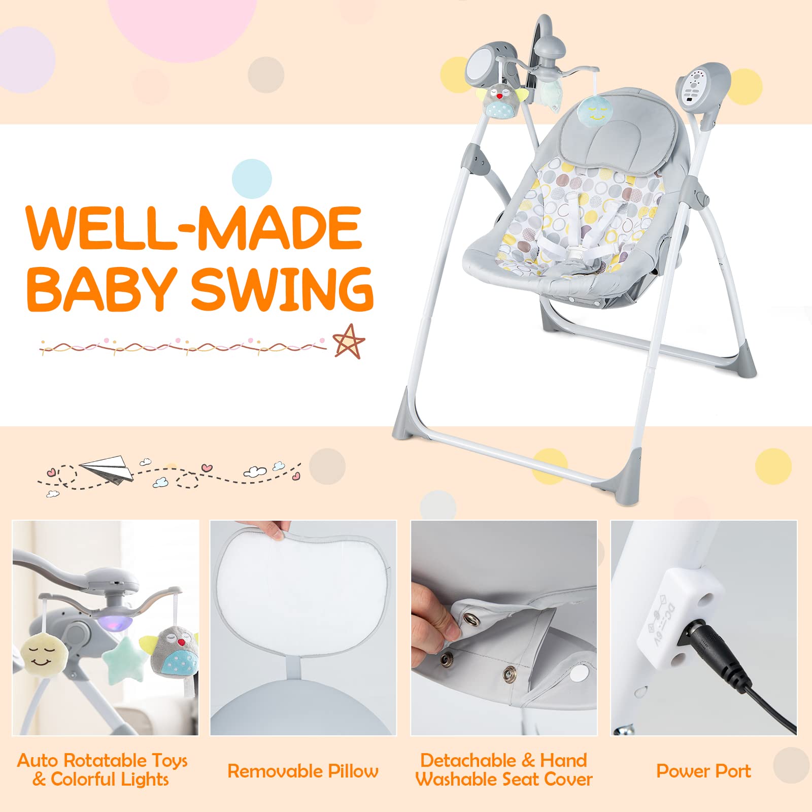 BABY JOY Baby Swing, Portable Baby Rocker with 5 Swing Speeds, 3-Position Adjustable Backrest, 3 Timer Settings, 12 Melodies & 5 Natural Sounds, Electric Compact Baby Swings for Infants