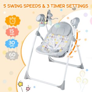 BABY JOY Baby Swing, Portable Baby Rocker with 5 Swing Speeds, 3-Position Adjustable Backrest, 3 Timer Settings, 12 Melodies & 5 Natural Sounds, Electric Compact Baby Swings for Infants