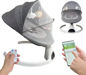 luxccaiw baby swing for infants,electric bouncer for babies- bluetooth touch screen/remote controtiming function 5 swing speeds baby rocker chair with music speaker 5 point harness remote control gray