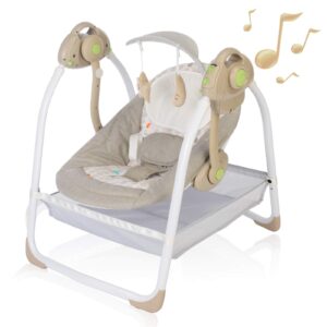 baby swings for infants to toddler, compact baby swing with 6 motions, portable swing with music, sounds, timing, baby rocker with 2 toys, plush seat & soft head support, machine washable(khaki)