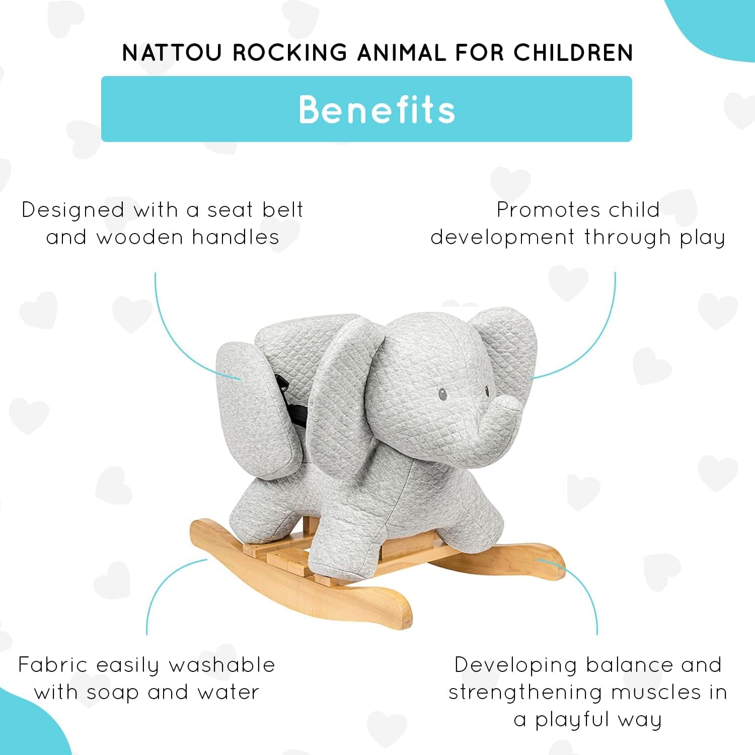 Nattou Rocking Horse Animal for Children, Tembo The Elephant, 10-36 Months, 25"x13"x18" in (64 x 34 x 46 cm), Grey, 929141