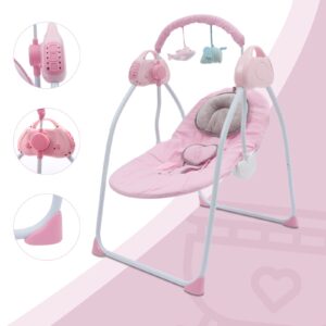 Baby Rocking Chair, Electric Baby Swings with Safety Belt, MP3 Player and Remote Control, USB Baby Bouncer Chair Baby Swings for Infants to Toddler (Pink)