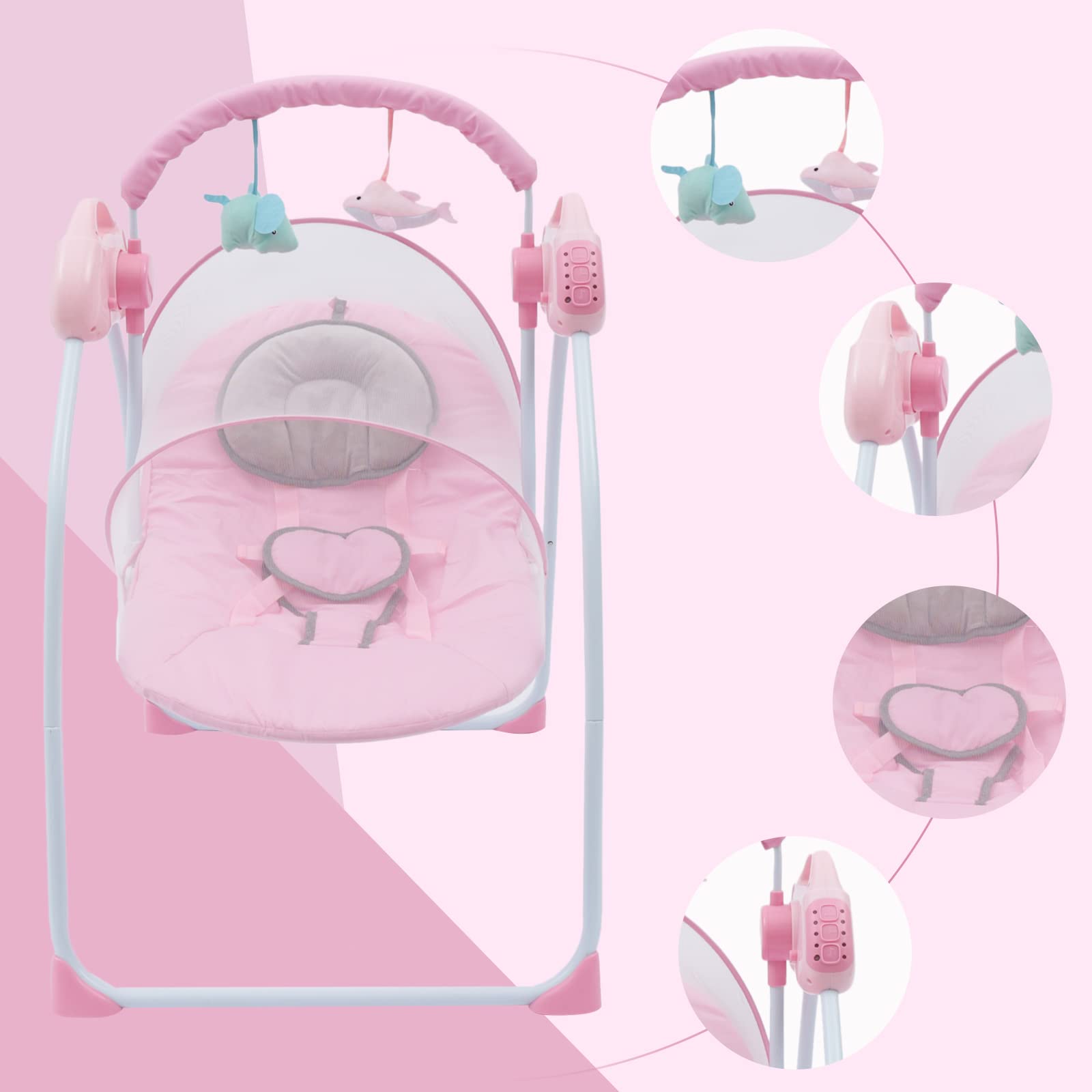 Baby Rocking Chair, Electric Baby Swings with Safety Belt, MP3 Player and Remote Control, USB Baby Bouncer Chair Baby Swings for Infants to Toddler (Pink)