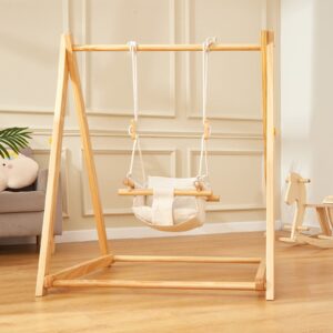 FUNLIO Wooden Toddler Swing Stand with 4 Sandbags, Foldable Baby Swing Stand with Durable Pine & Velcro for Toddlers 6-36 Months, Kids Swing Frame with Maximum Bearing 50lbs, Easy to Assemble & Store